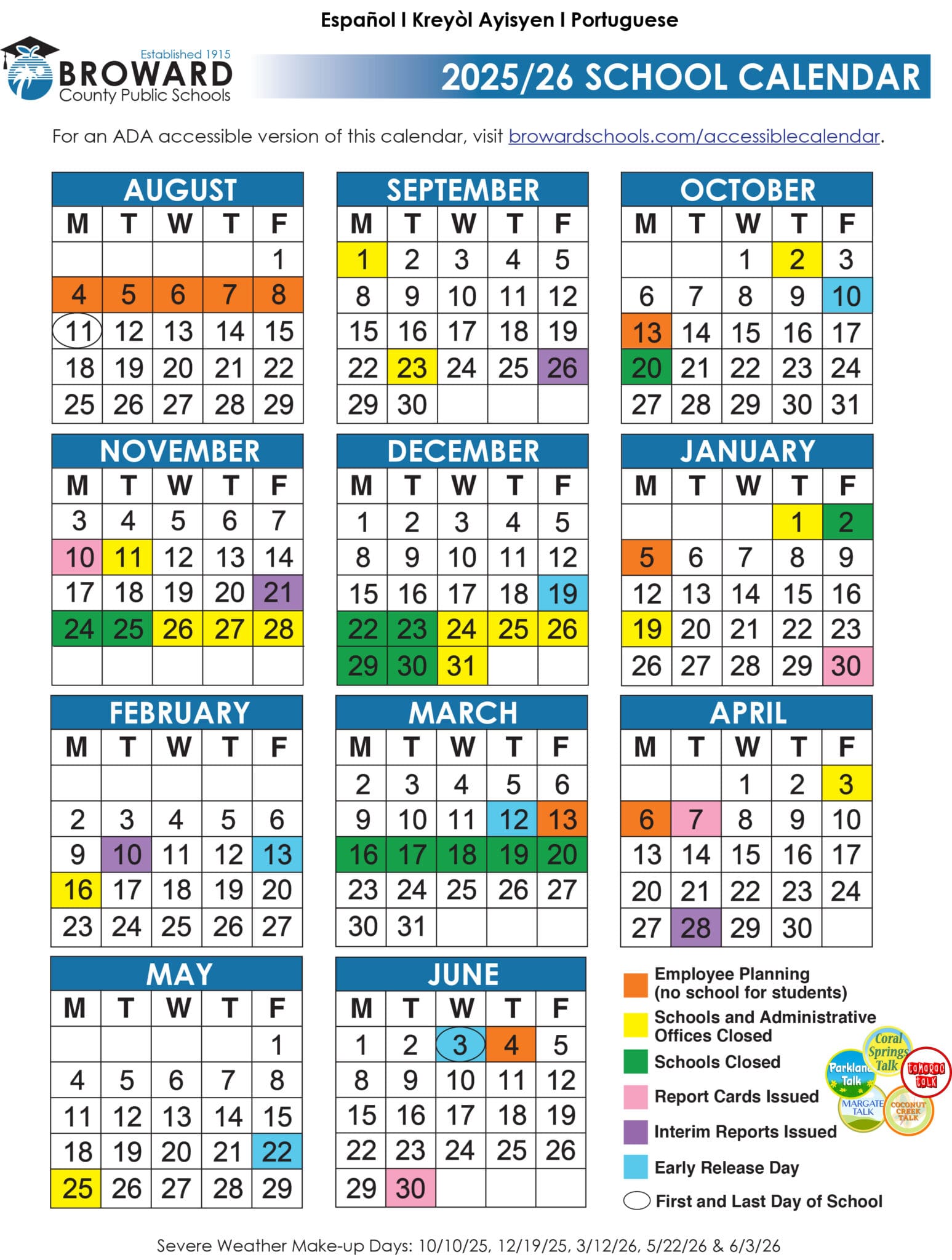 Official 2025/26 Broward County Public Schools Color Calendar - Coral ...